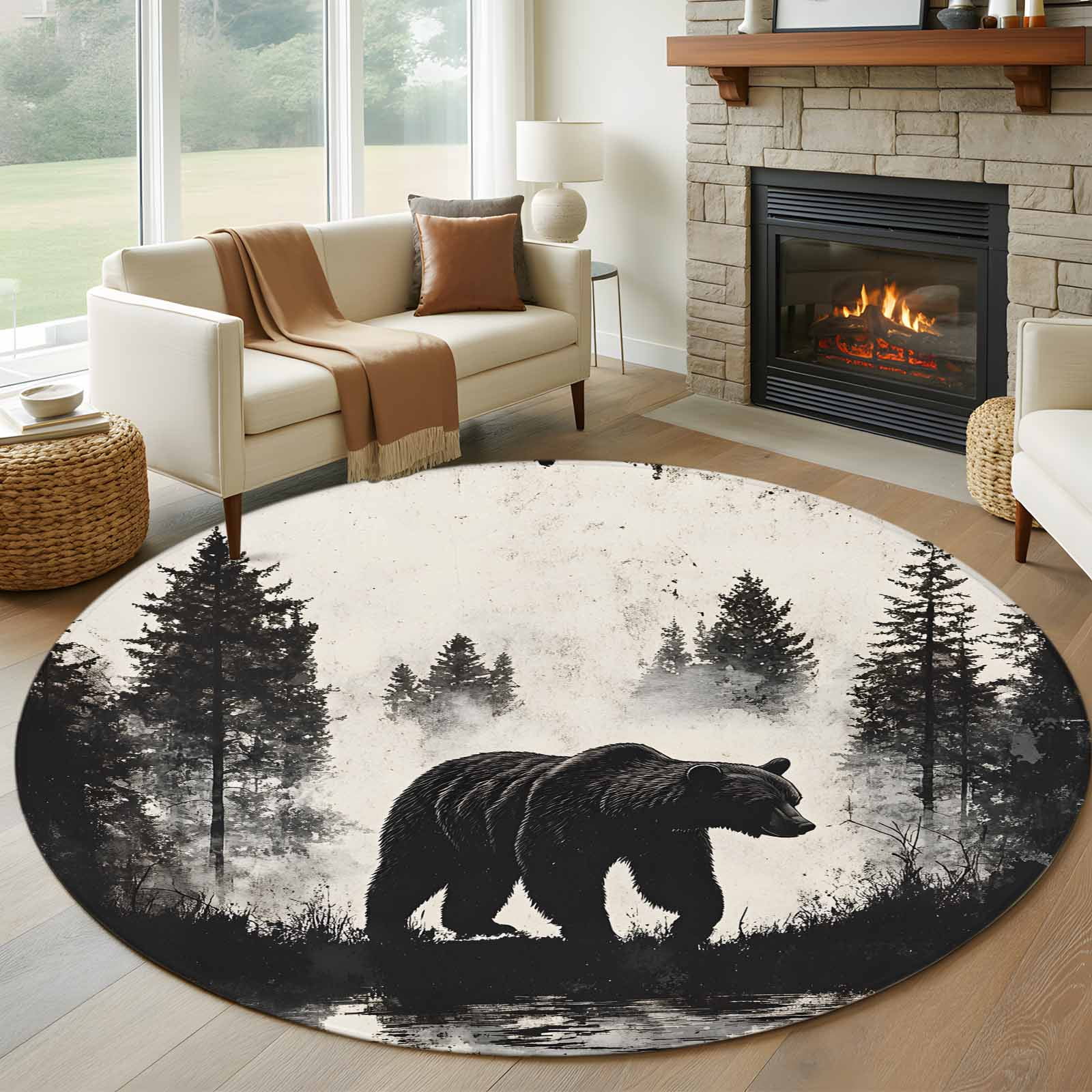 Black Bear Round Area Rug 5 FT, Non Slip Bedroom Rugs, Farmhouse Forest ...