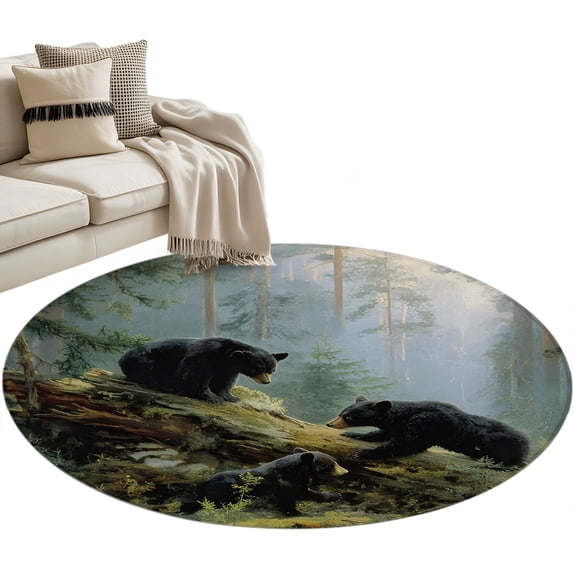 Black Bear Round Rug 4ft Washable Circle Entryway Rugs Non Slip Forest ...