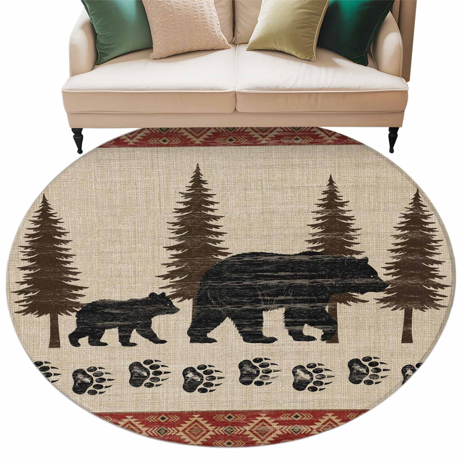 Black Bear Rustic Round Rug 7ft Washable Circle Rugs Non Slip Trees ...