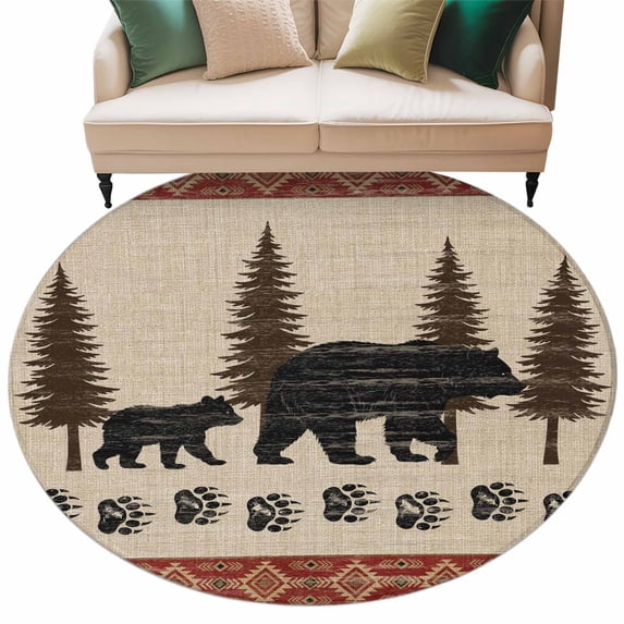 Black Bear Rustic Round Rug 7ft Washable Circle Rugs Non Slip Trees ...