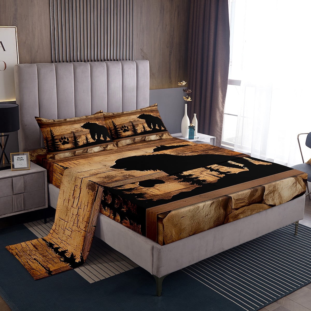 Black Bear Sheet Set Vintage Brown Wood Board Sheets,Animal Paw Print ...