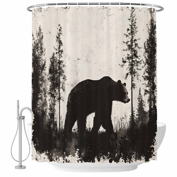 Black Bear Shower Curtain, Vintage Forest Cabin Animals Silhouette ...