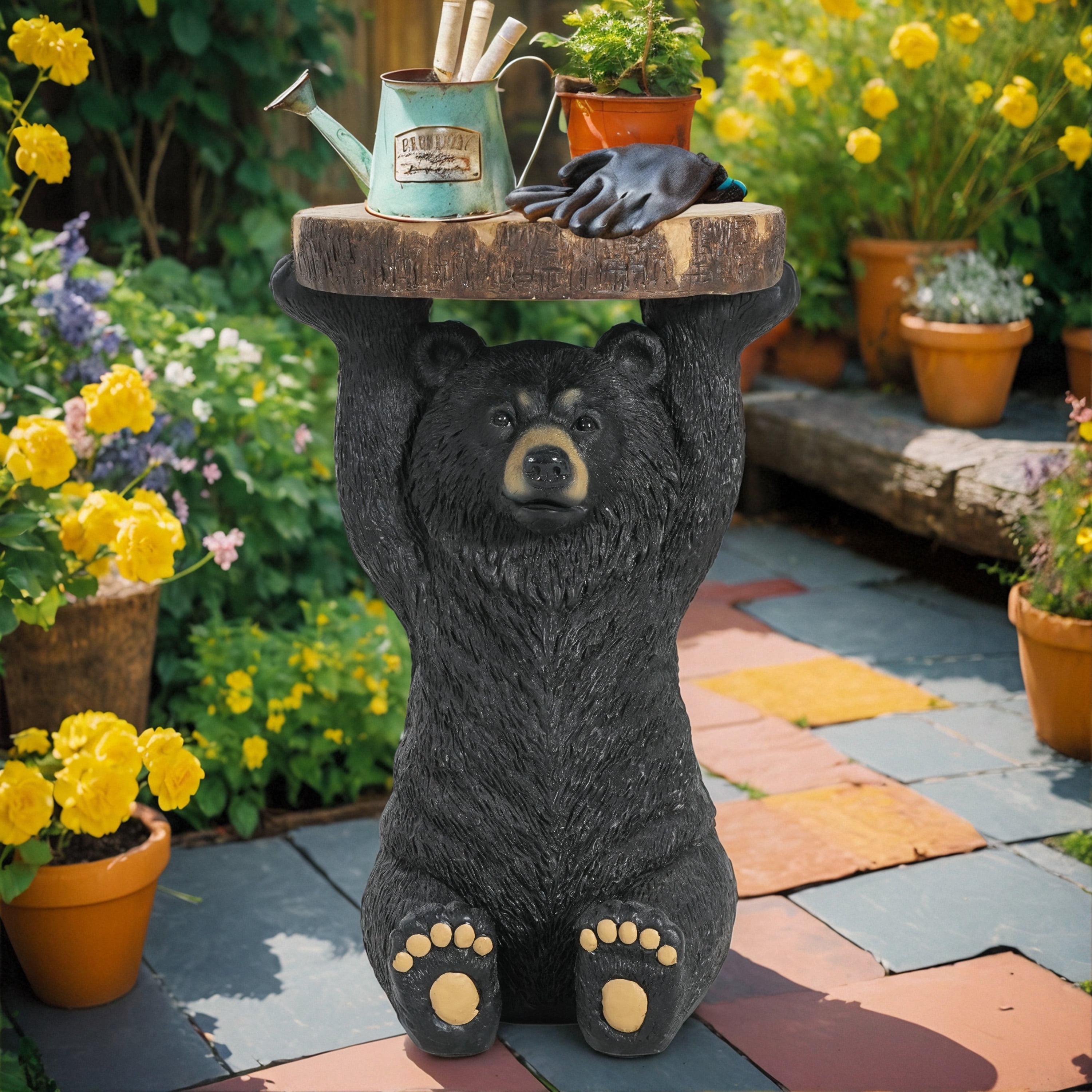 Black Bear Side Table Pedestal End Table Stool,MGO Bear Statue Hand ...