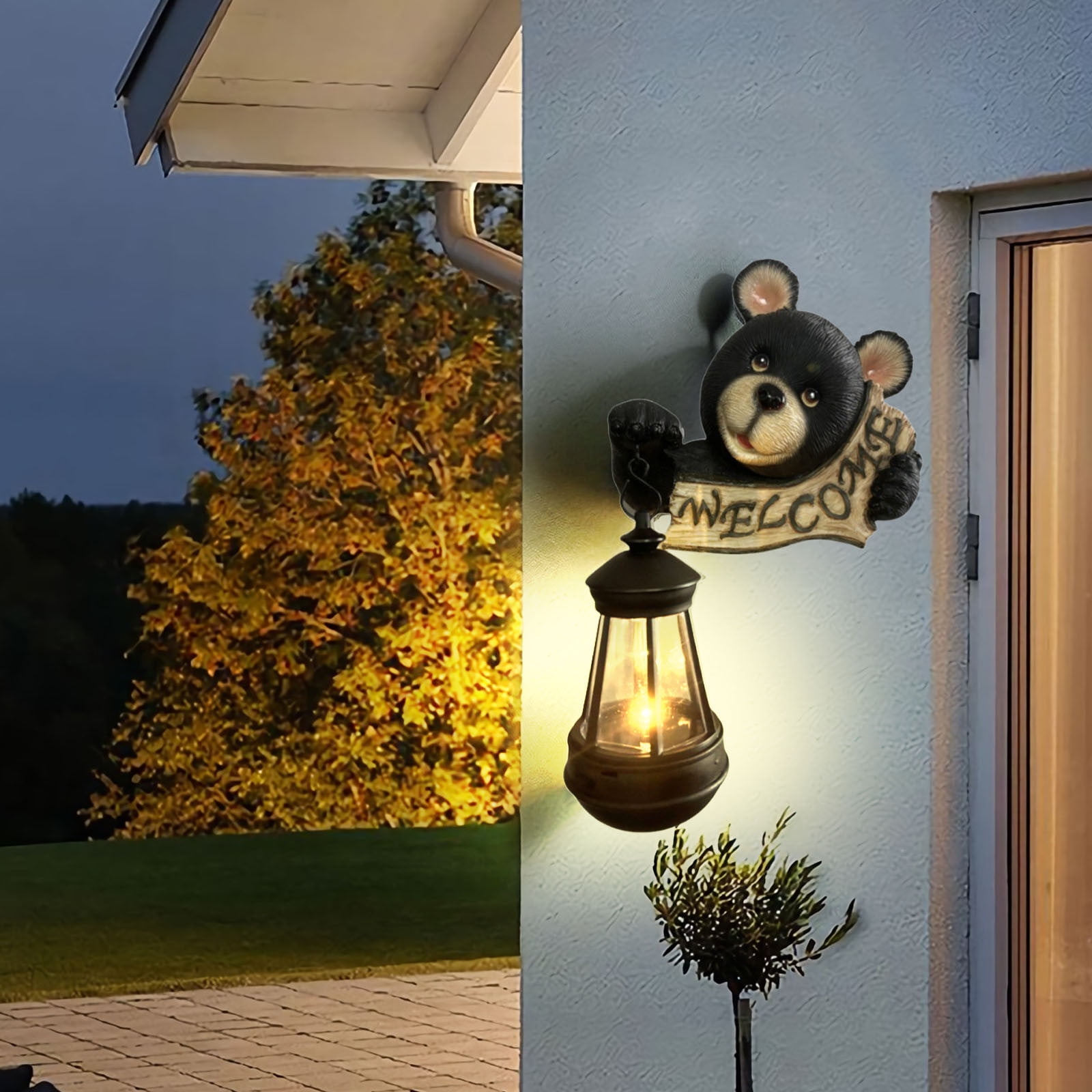 Black Bear Statue with Solar light and Welcome Sign, Wall Mount Black ...