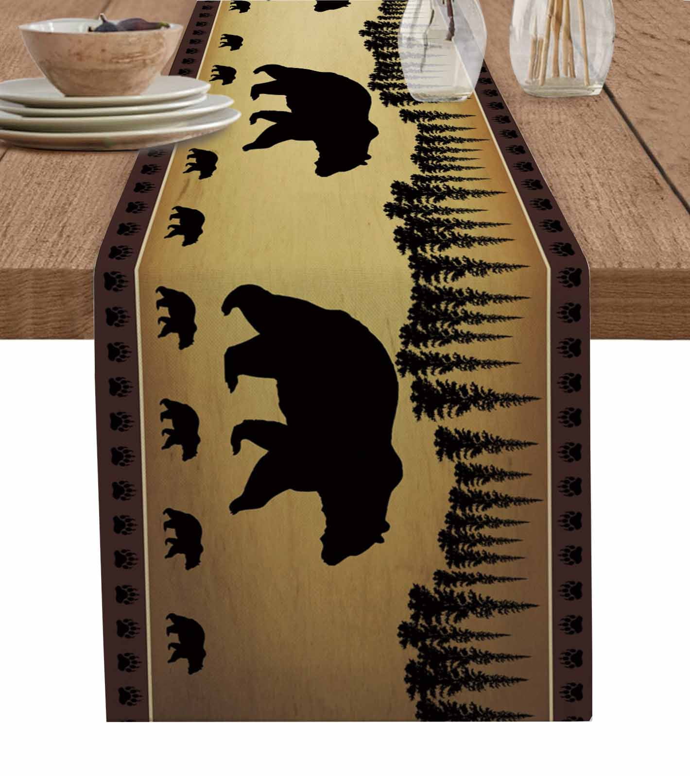 Black Bear Table Runner 72 Inches, Vintage Animals Farmhouse Pine Brown ...