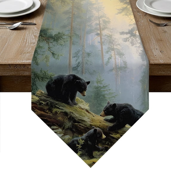 Black Bear Table Runner Linen Burlap Table Runner 48 Inches Long Forest ...