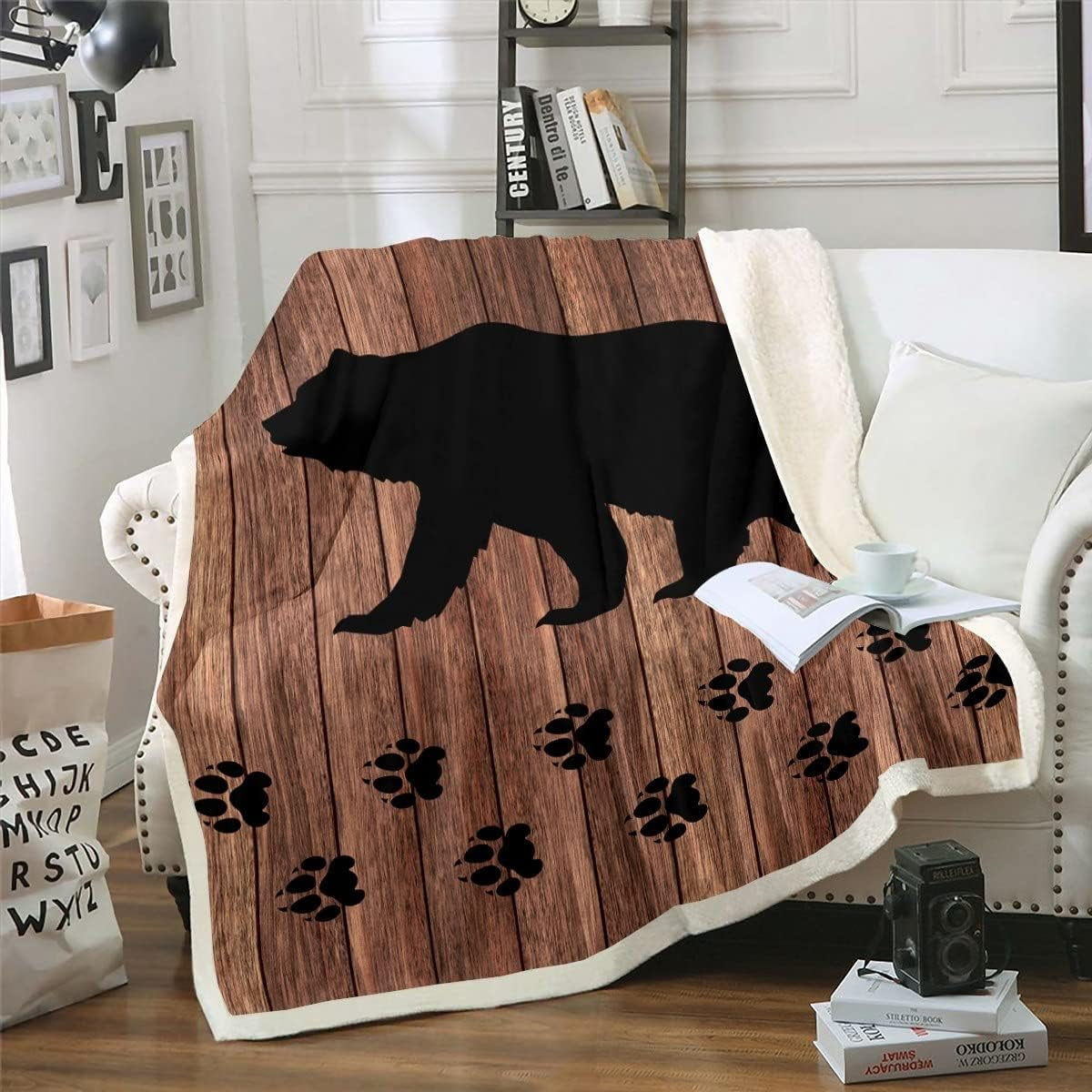 Black Bear Throw Blanket Throw 50"X60",Rustic Brown Farmhouse Wooden ...