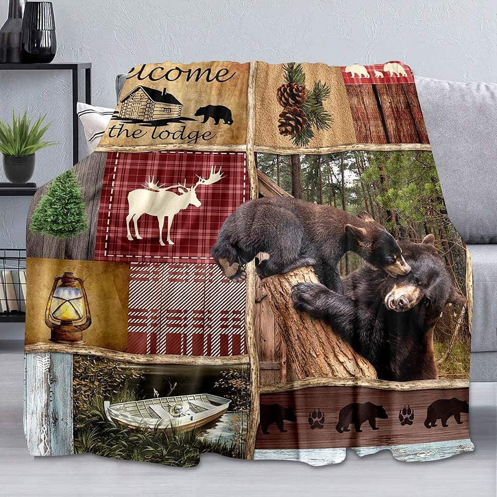 Black Bear Throw Blanket, Deer Elk Moose Woodland Animals Hunting Lodge ...