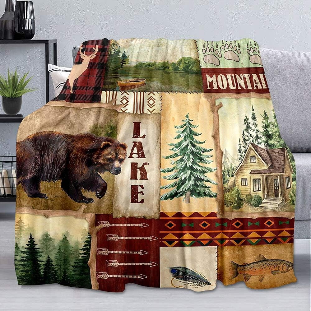 Black Bear Throw Blanket, Deer Forest Lodge Cabin Rustic Farmhouse Red ...