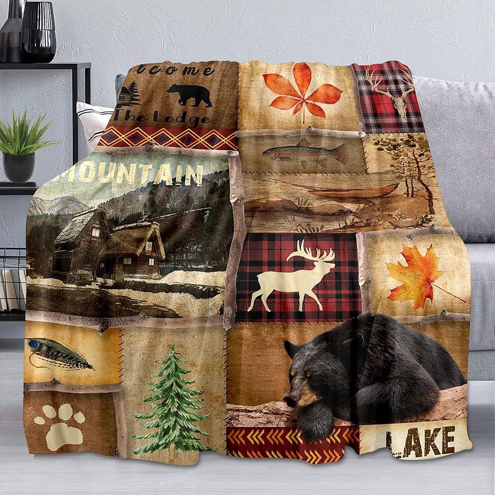 Black Bear Throw Blanket, Deer Moose Woodland Animals Hunting Lodge ...