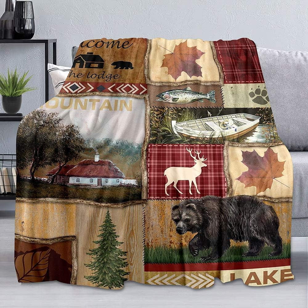 Black Bear Throw Blanket, Deer Woodland Animals Hunting Lodge Cabin ...