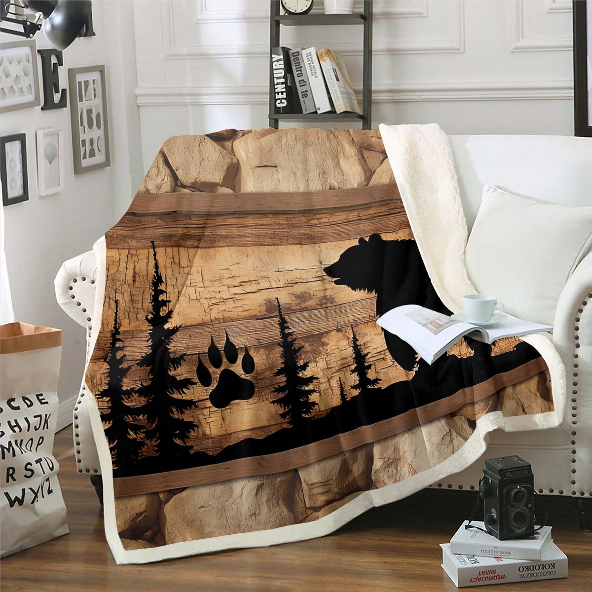 Black Bear Throw Blanket Vintage Brown Wood Board Fleece Blanket,Animal ...