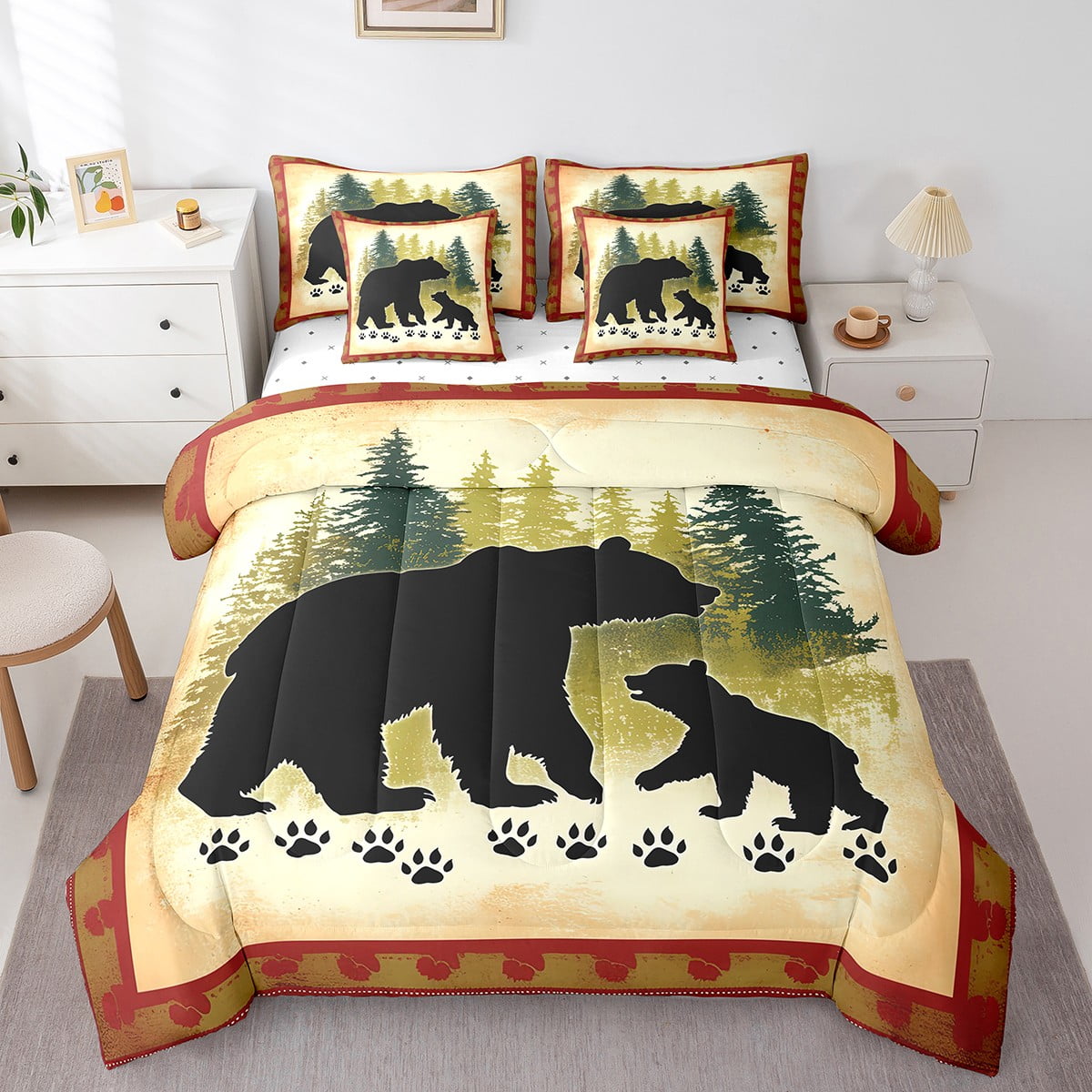 Black Bear Twin Comforter Set - 7 Pieces Bed in a Bag Set,Animal Paw Print Pine Trees Bedding ...