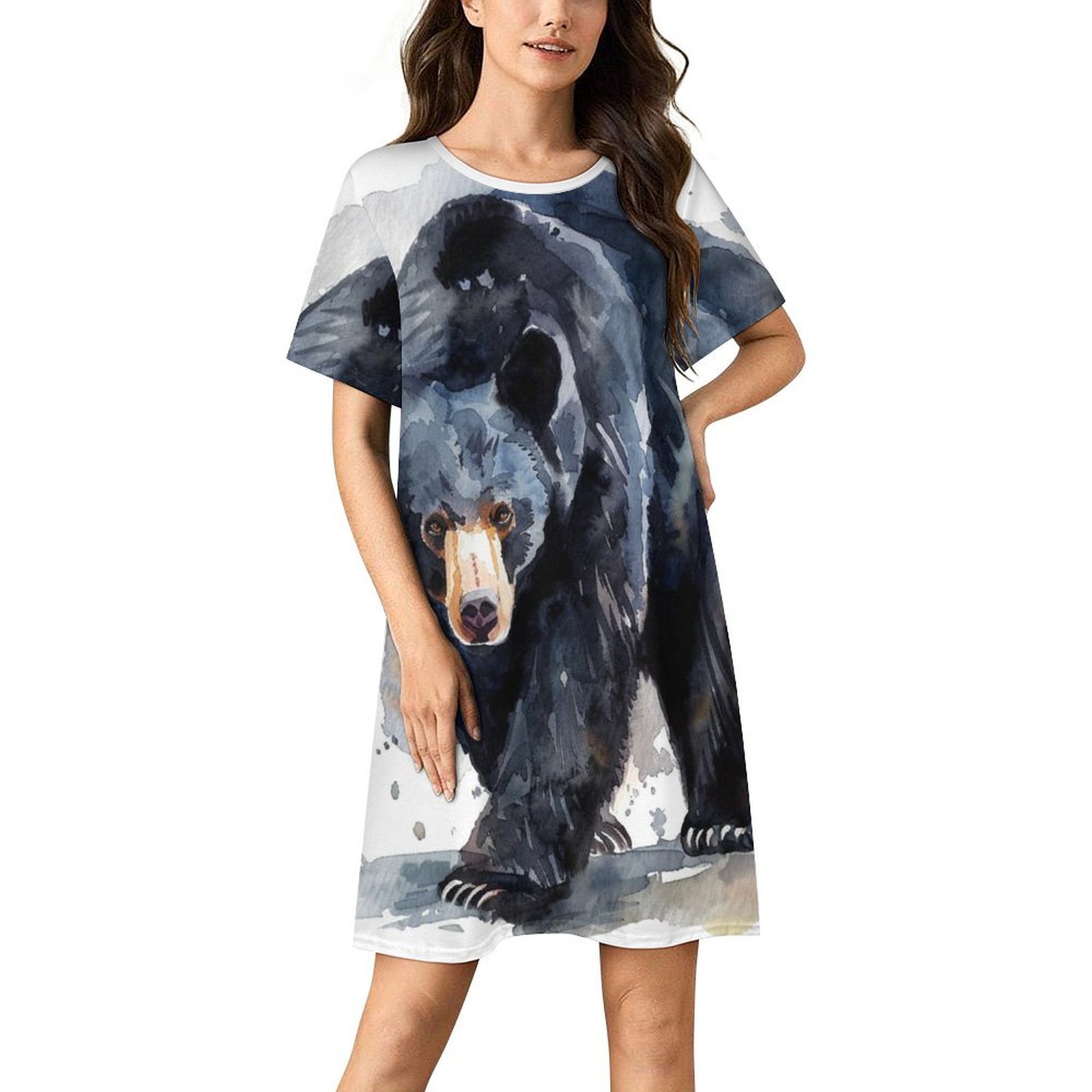Black Bear Watercolor Art Women Nightgown Sleepwear Short Sleeves For ...