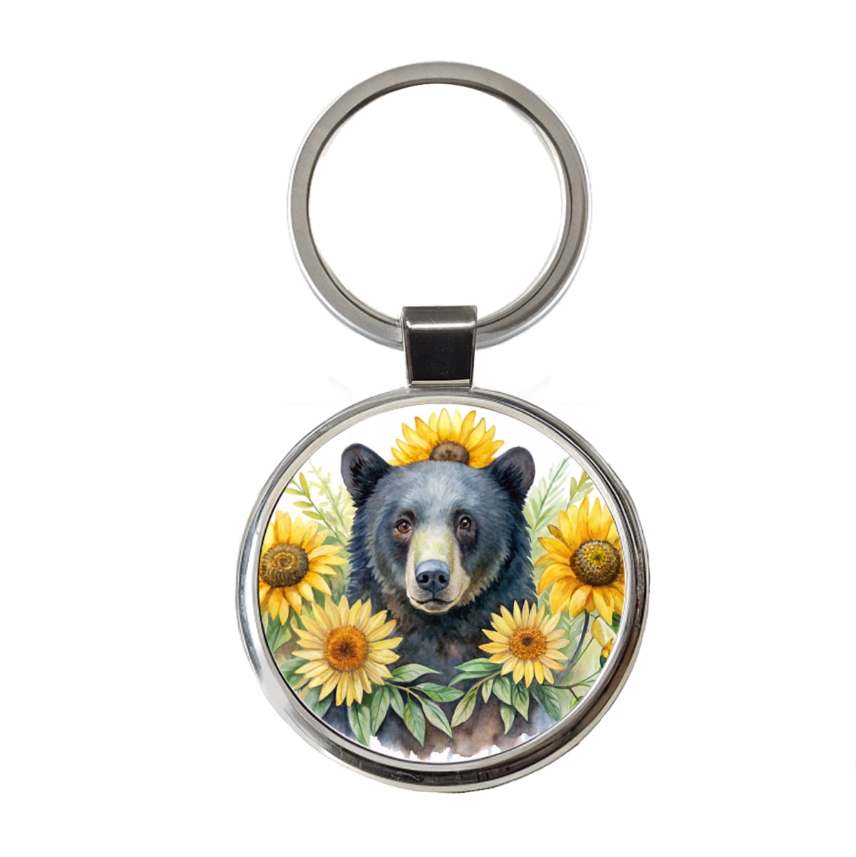 Black Bear Watercolor Design With Sunflowers Metal Round Keychain ...