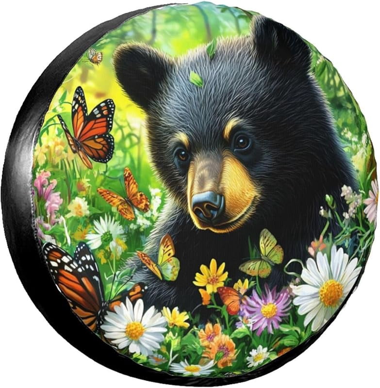 Black Bear Wildflowers Spare Tire Cover for Rv SUV Trailer Truck Camper ...