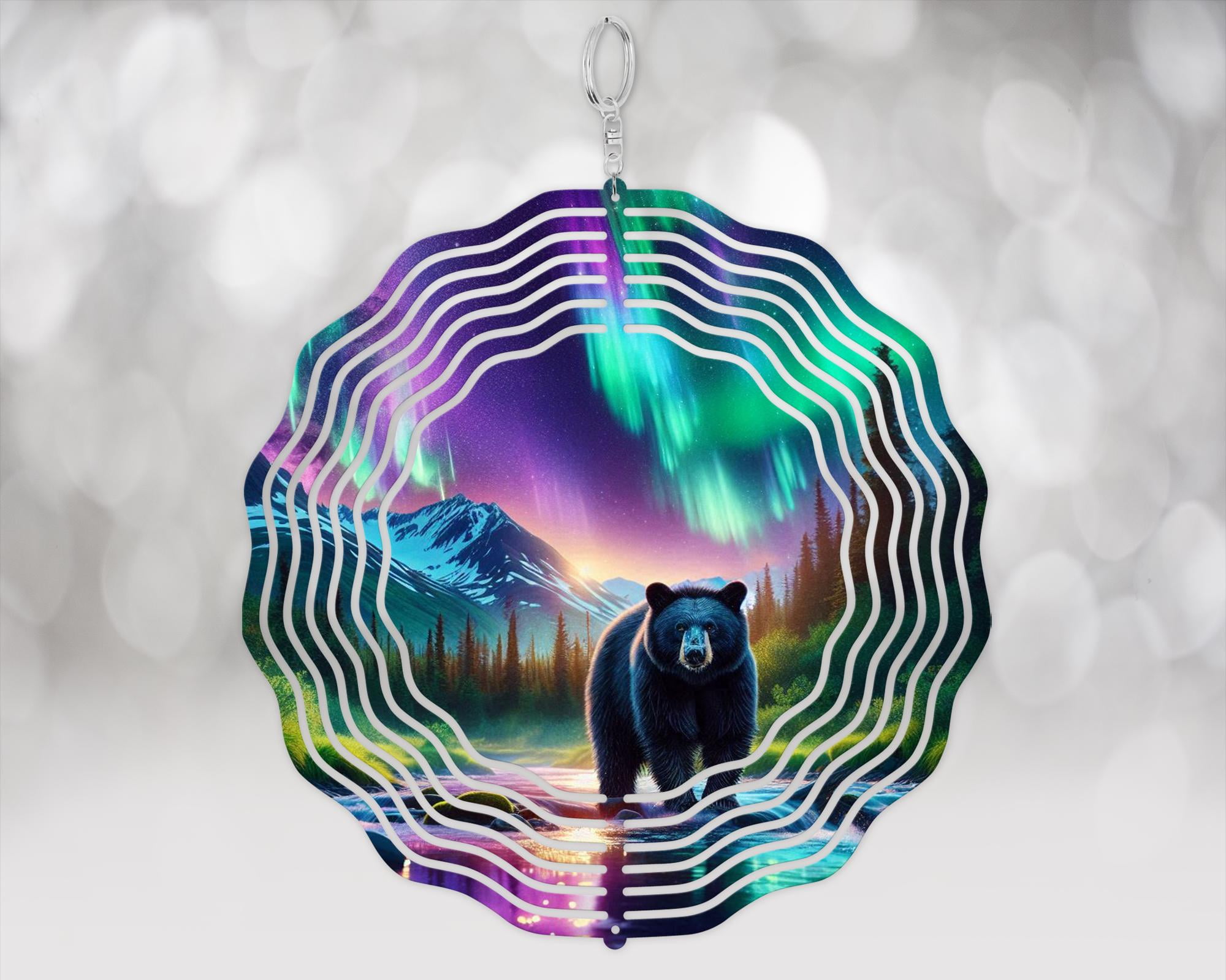 Black Bear Wind Spinner Northern Lights Faux Stained Glass Decor ...