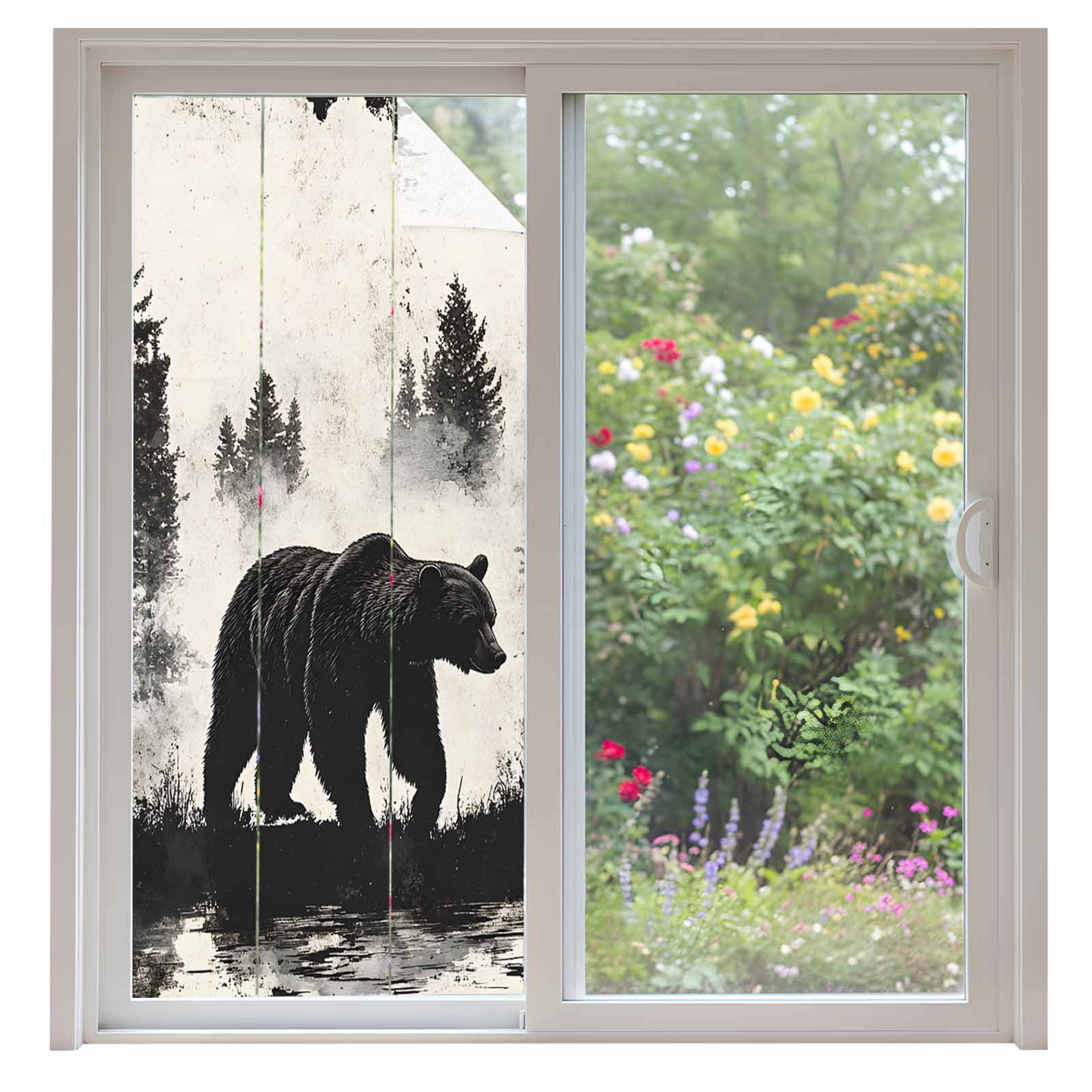 Black Bear Window Privacy Film, Farmhouse Forest Animals Vintage Static ...