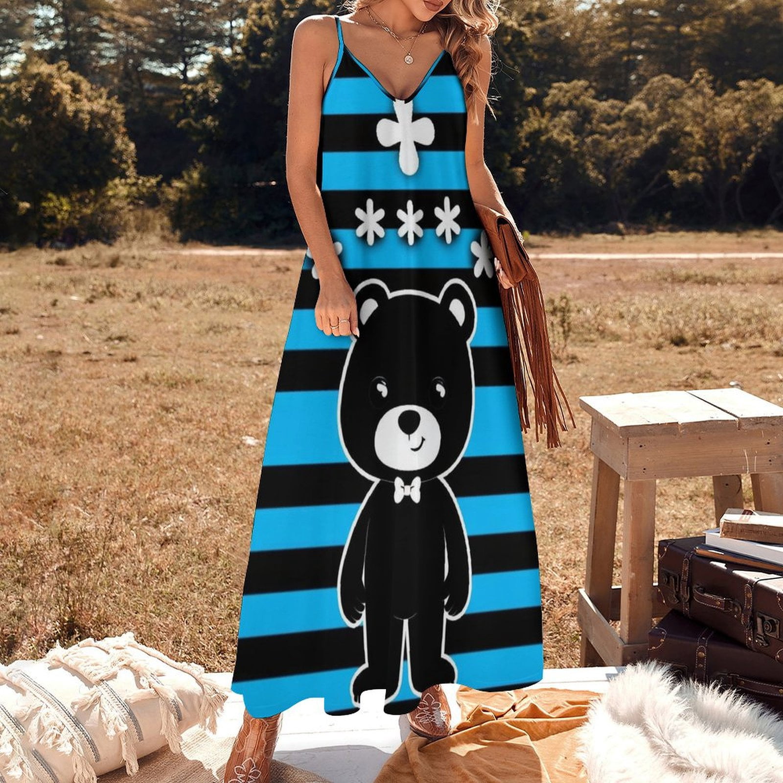 Black Bear on Blue Stripes-2 Sleeveless Dress Elegant gowns women's ...