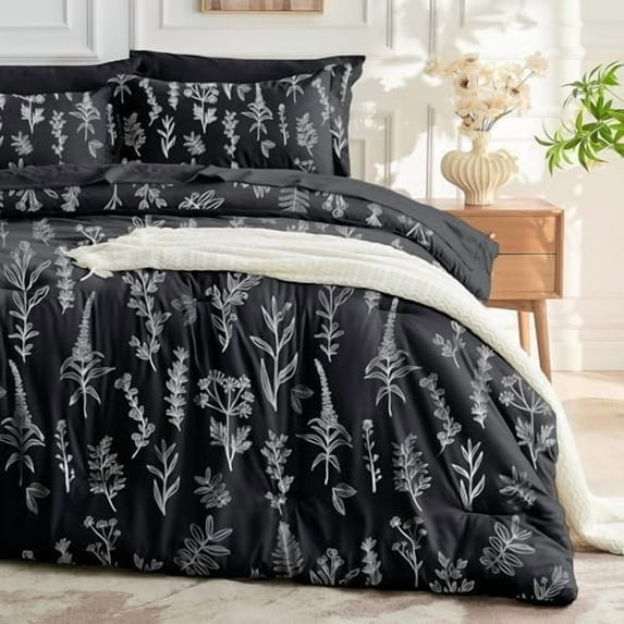 Black Bed in a Bag Queen 7 Pieces, Queen Comforter Set Reversible ...
