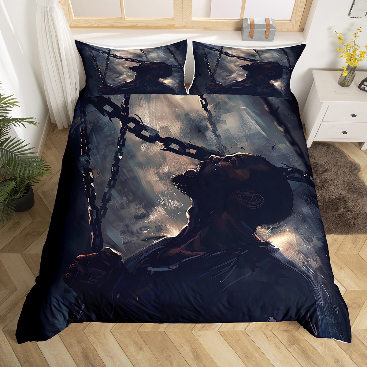 Black Bedding Full Size Prison Jail Bars Comforter Cover, Iron Chain ...