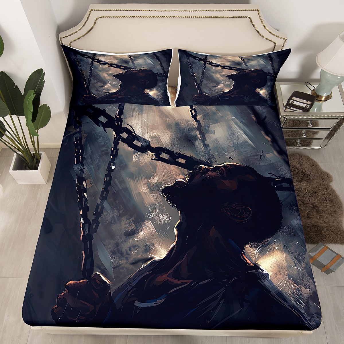 Black Bedding Queen Size Prison Jail Bars Bed Sheets, Iron Chain Print ...