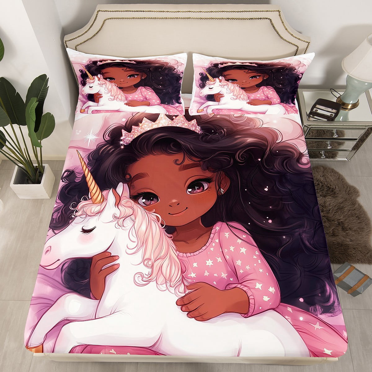 Black Bedding Set White Unicorn Kawaii Fitted Sheet Pink Princess Full ...