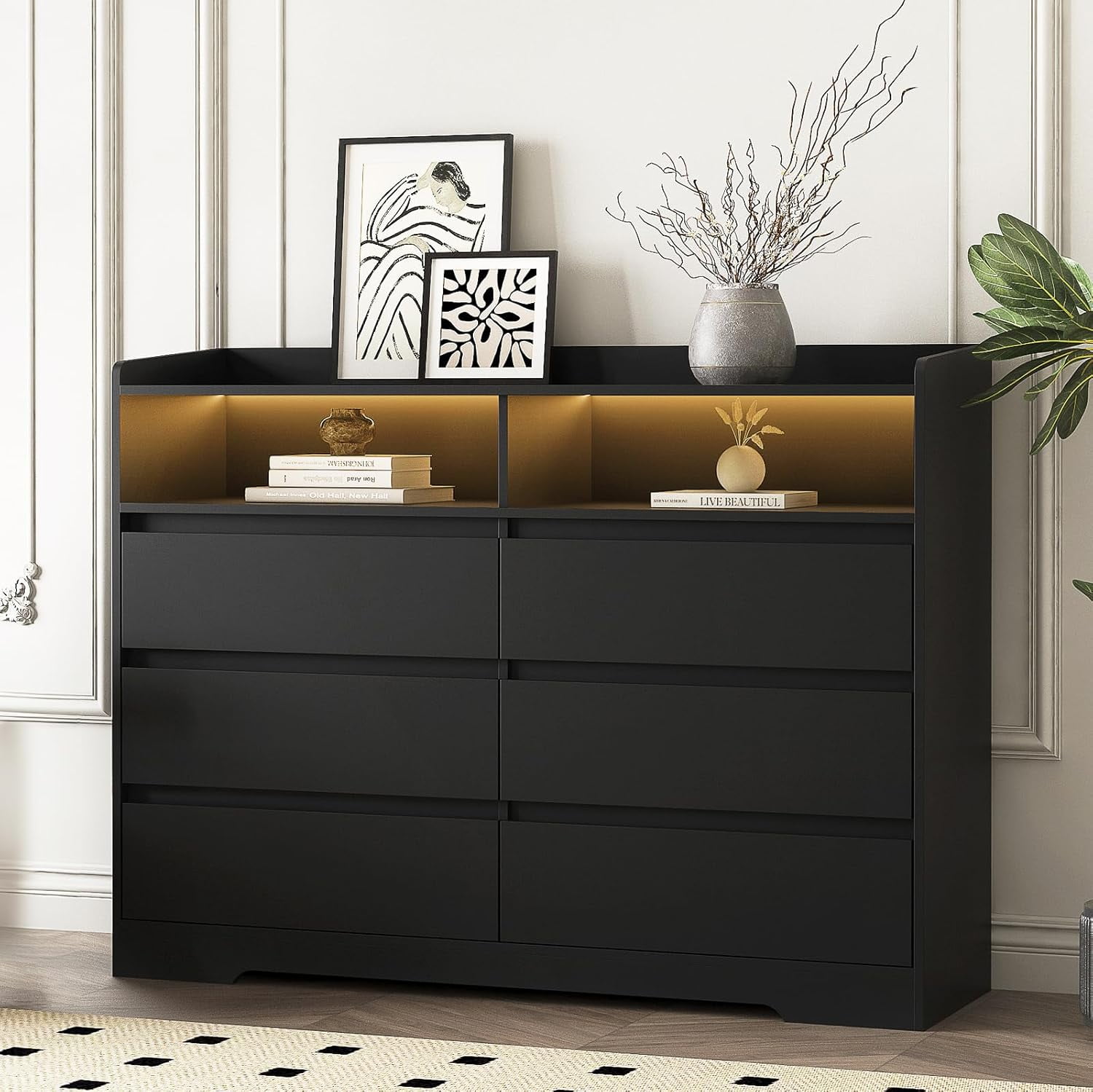 Black Bedroom Dresser with LED Lights and Power Strip, 6 Long Drawers ...