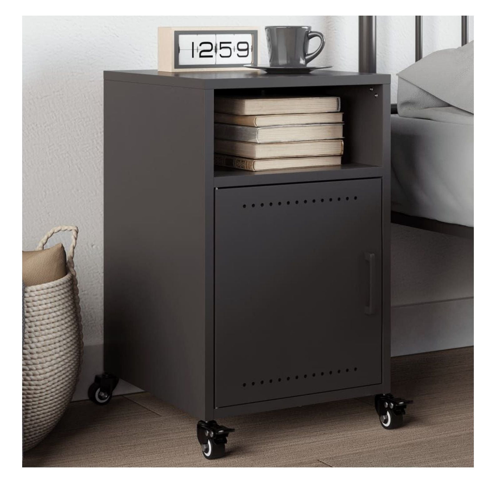 Black Bedside Cabinet - Cold Rolled Steel Nightstand with Wheels - 14.2 ...