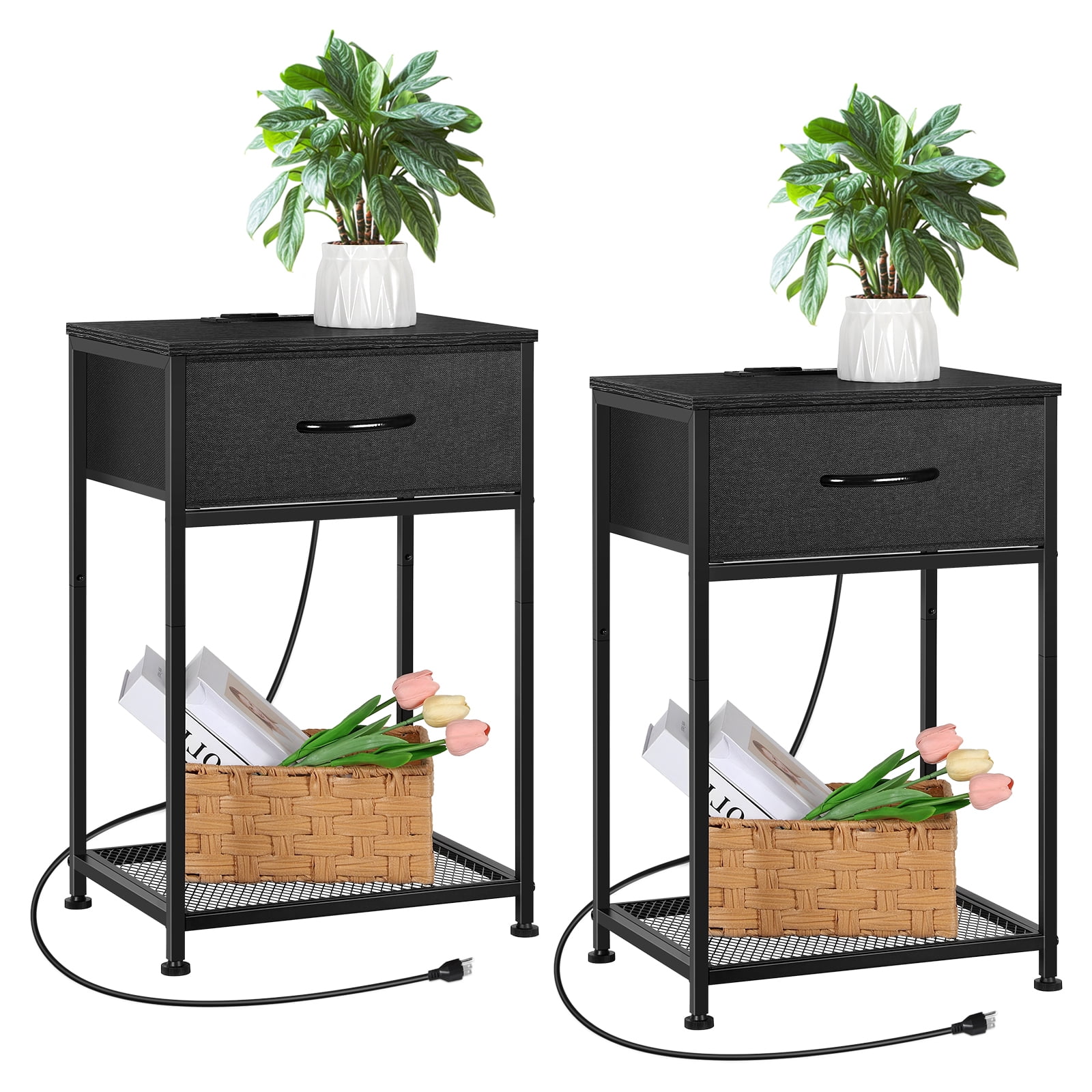 Black Bedside Table 2-Piece Set with Charging Station and Fabric Drawer ...