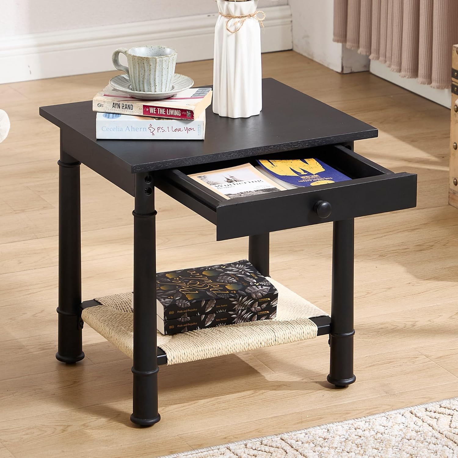 Black Bedside Table Small End Table for Living Room, 2-Tier Rectangle ...