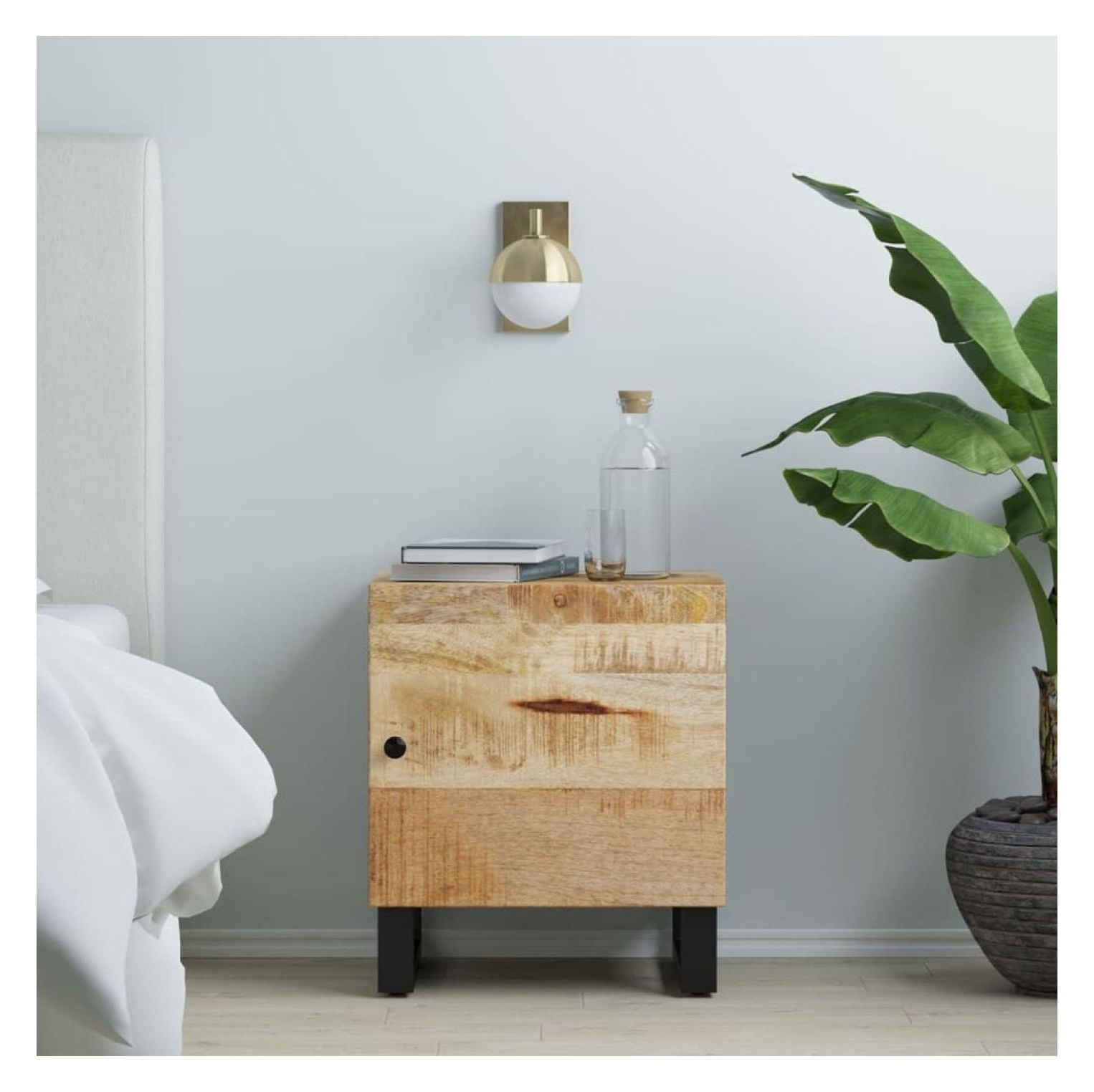 Black Bedside Table with Natural Wood, Solid Wood Nightstand, Compact ...