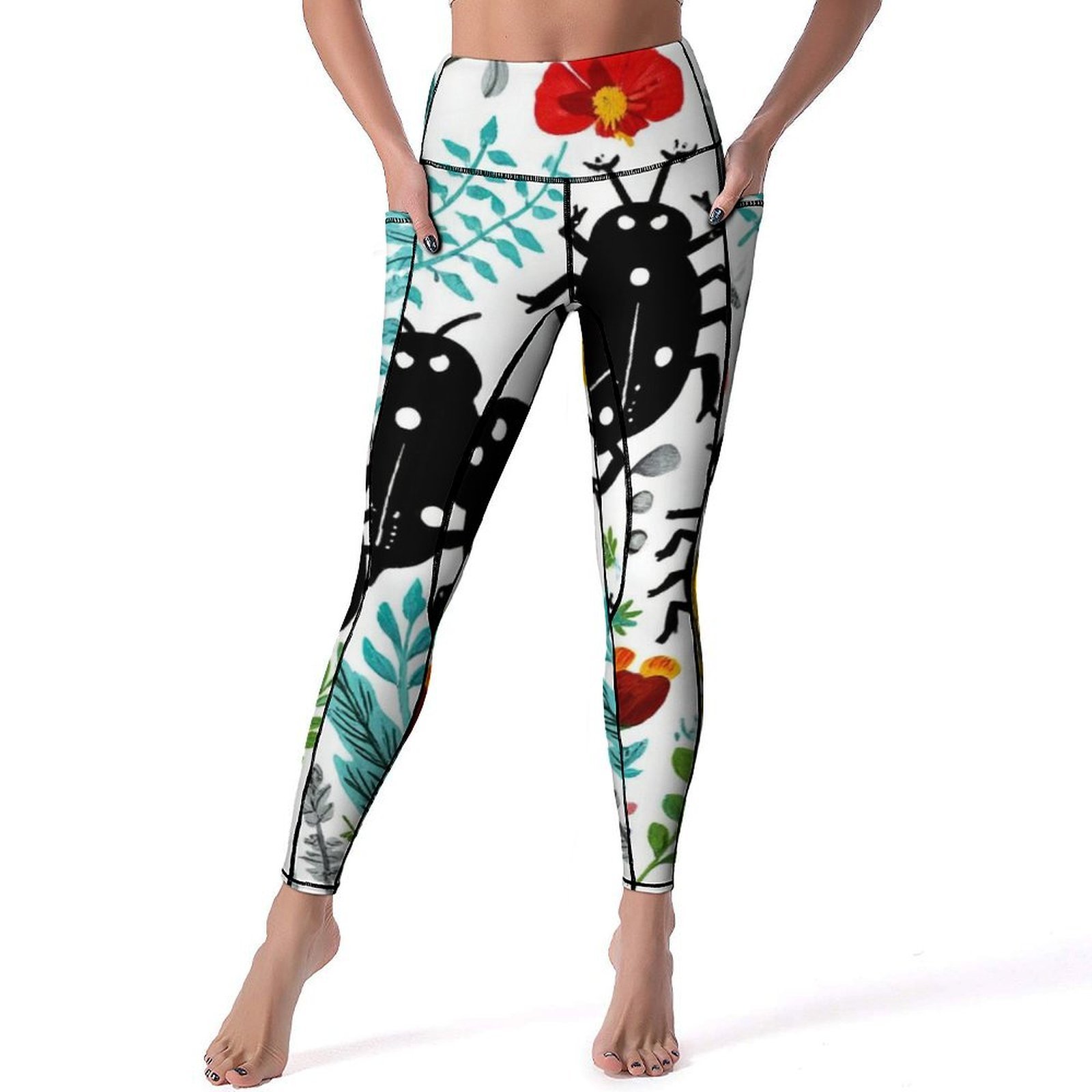 Black Beetles Floral Summer Art Leggings Legging Gym Gym Pants Gym ...