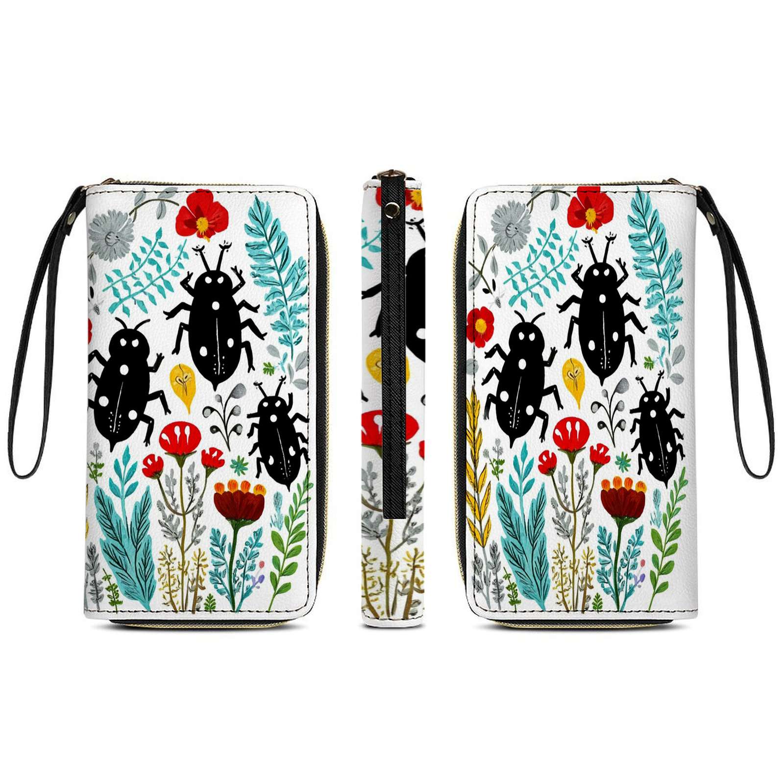 Black Beetles Floral Summer Art Long Wallets For Women PU Leather Purse ...
