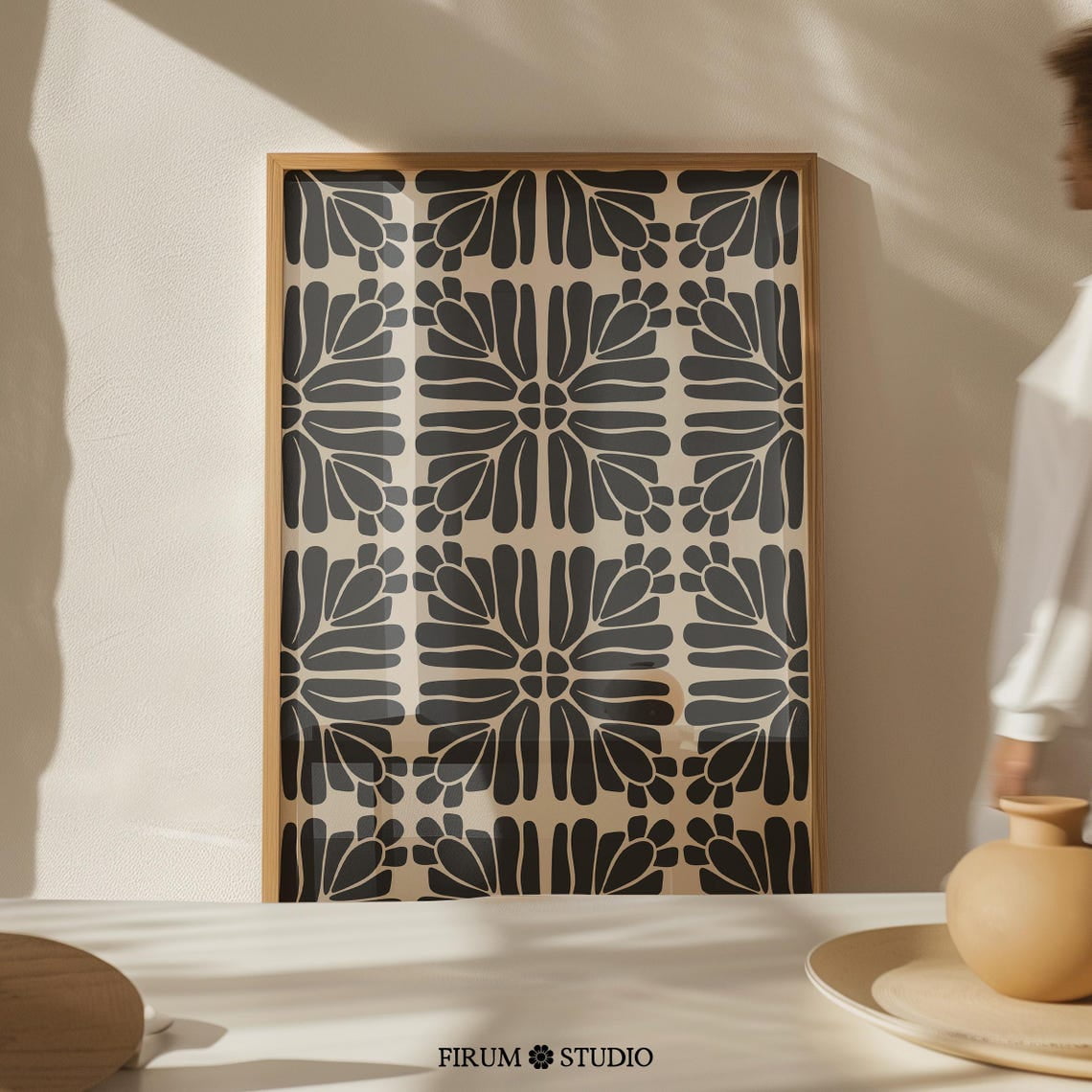 Black And Beige Abstract Floral Tile Wall Art, Mid-Century Modern ...