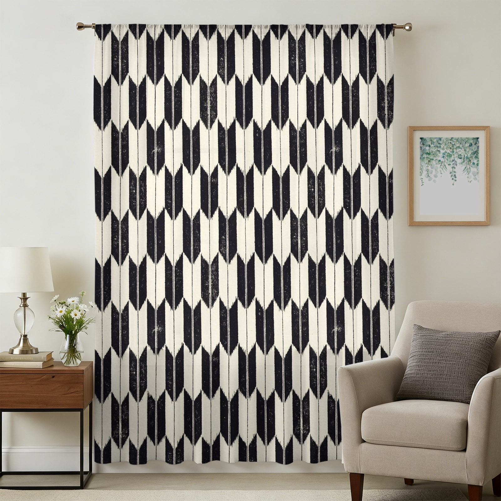 Black Beige Arrow Feathers Sheer Curtains 63 Inch Length for Bedroom ...