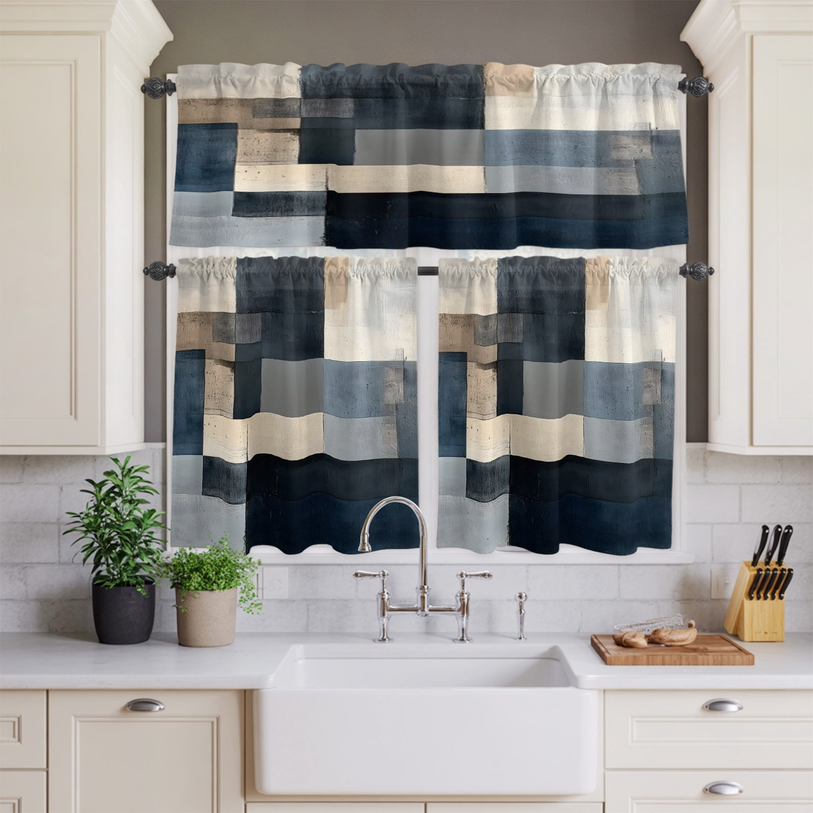 Black Beige Blue Geometric Curtain Tier and Valance Set 3 Piece ...