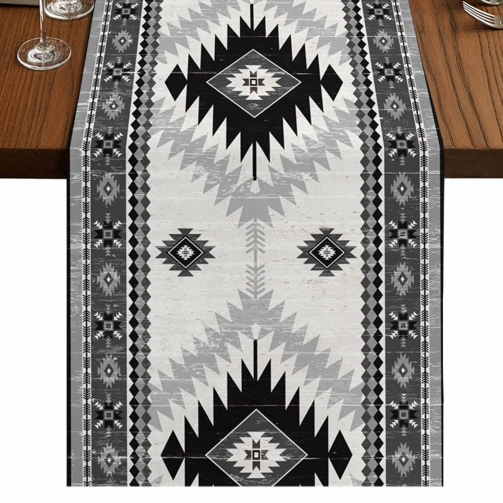 Black Beige Boho 120 Inch Table Runner, Vintage Ethnic Tribal ...