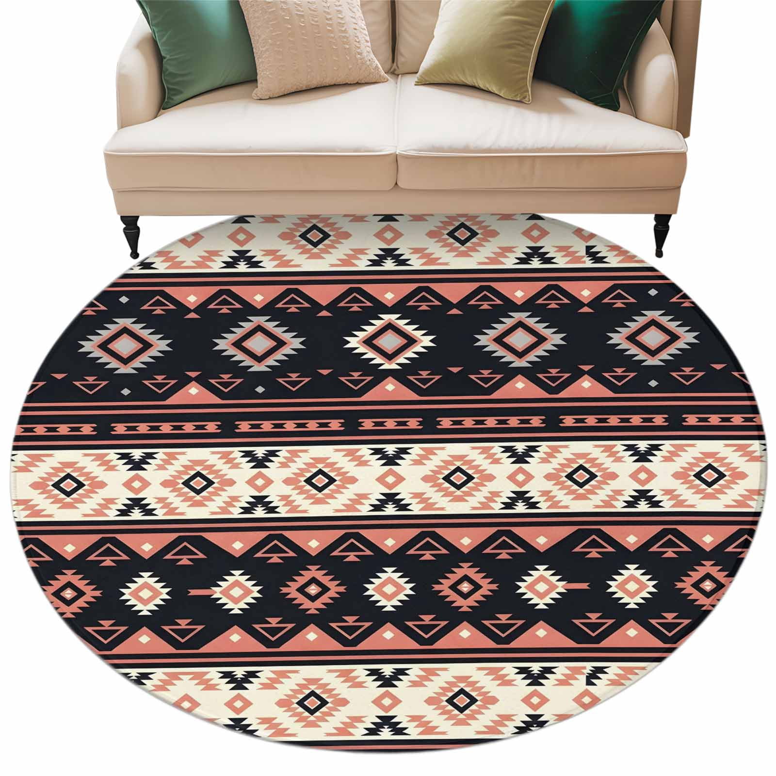 Black Beige Boho Round Rug 6ft Washable Circle Kitchen Rugs Non Slip Ethnic Tribe Farmhouse ...