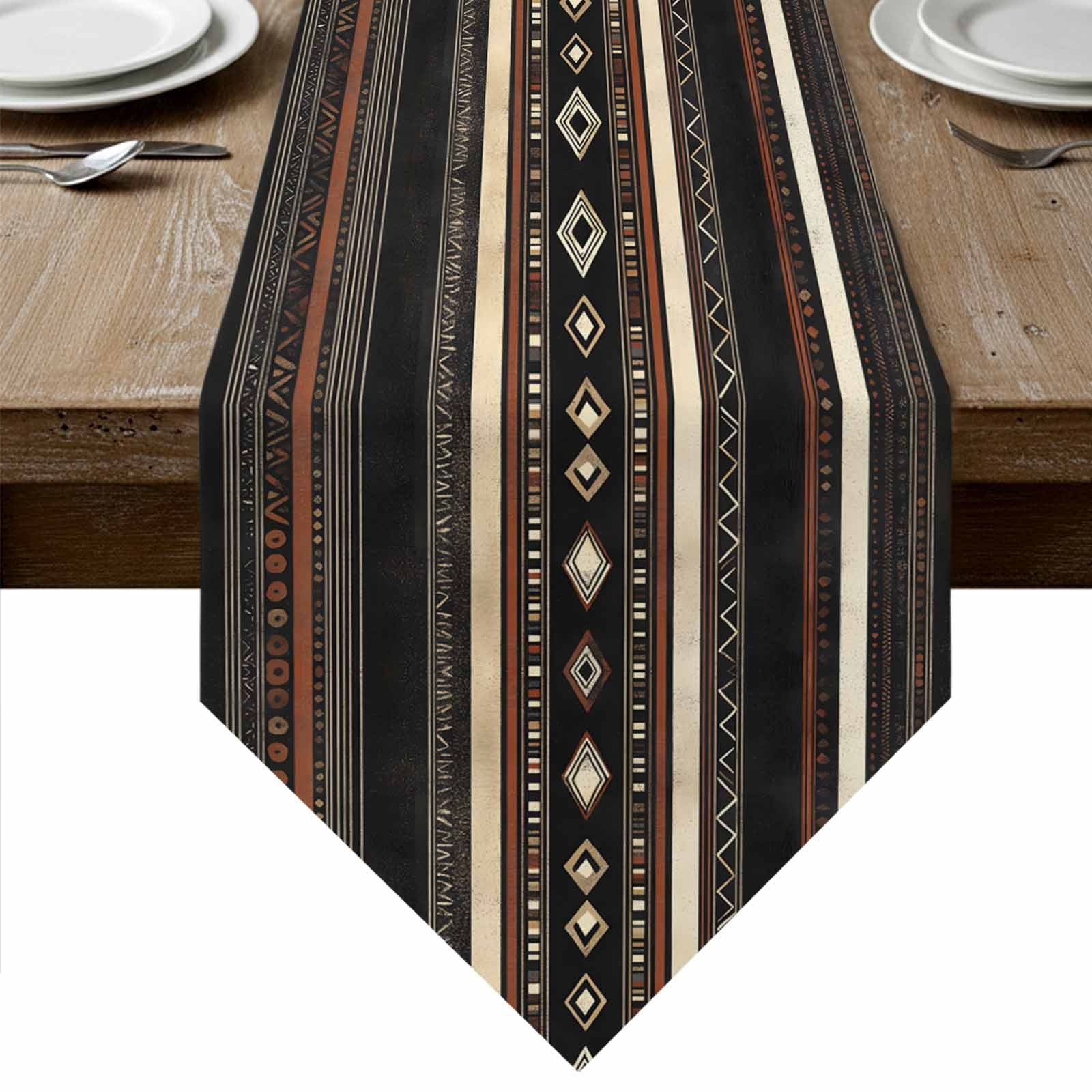 Black Beige Boho Table Runner Linen Burlap Table Runner 108 Inches Long ...