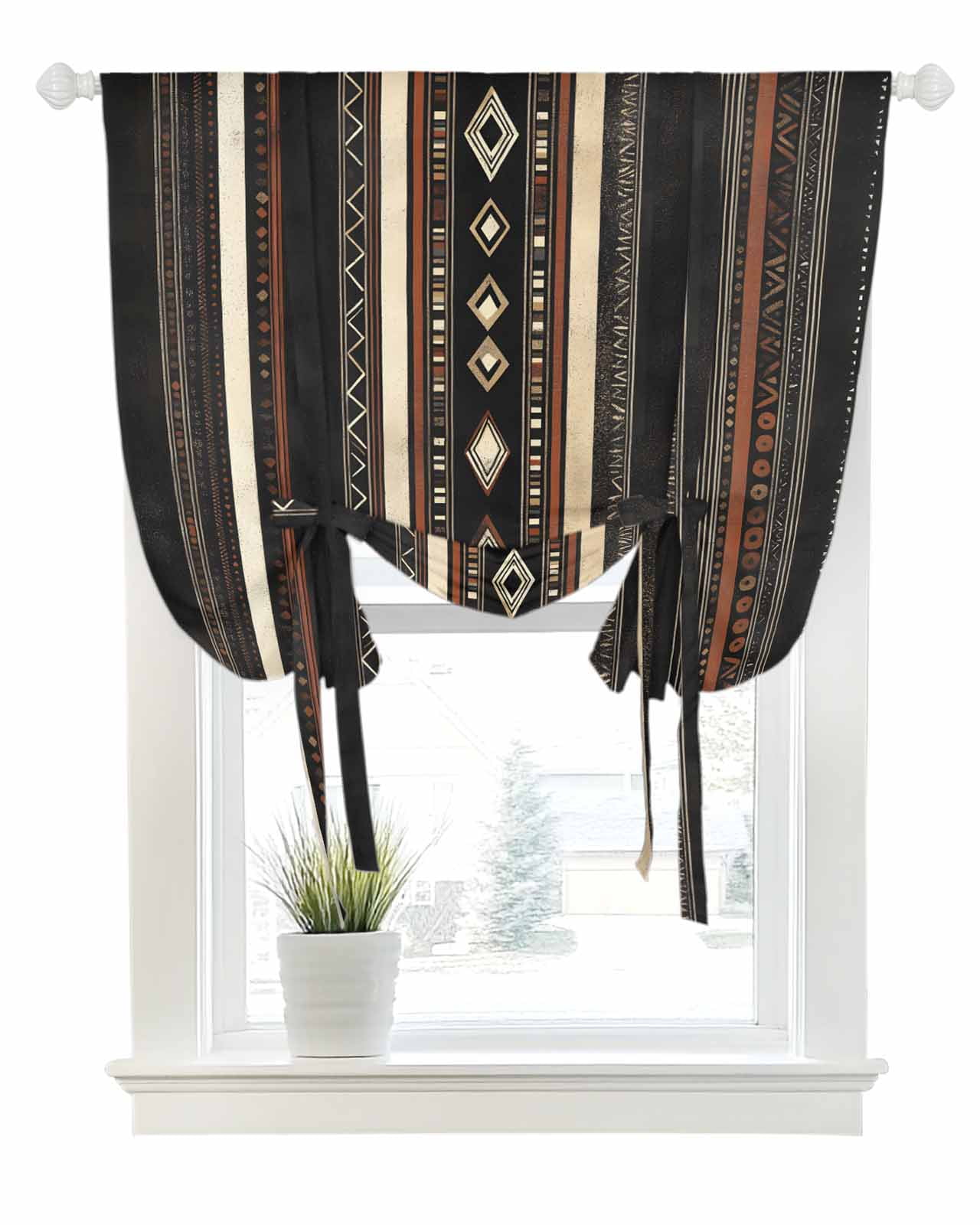 Black Beige Boho Tie Up Curtains for Window, Thermal Insulated Balloon Shade Adjustable Rod ...