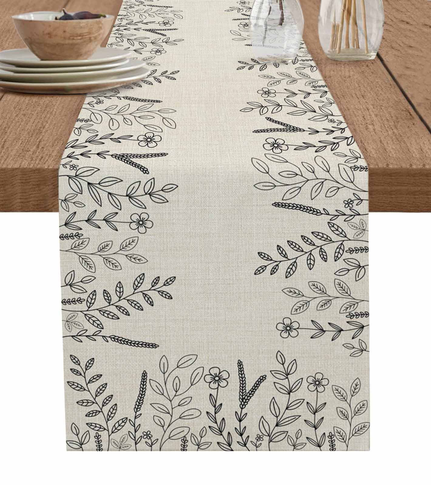 Black Beige Botanical Table Runner 108 Inches, Eucalyptus Leaves ...