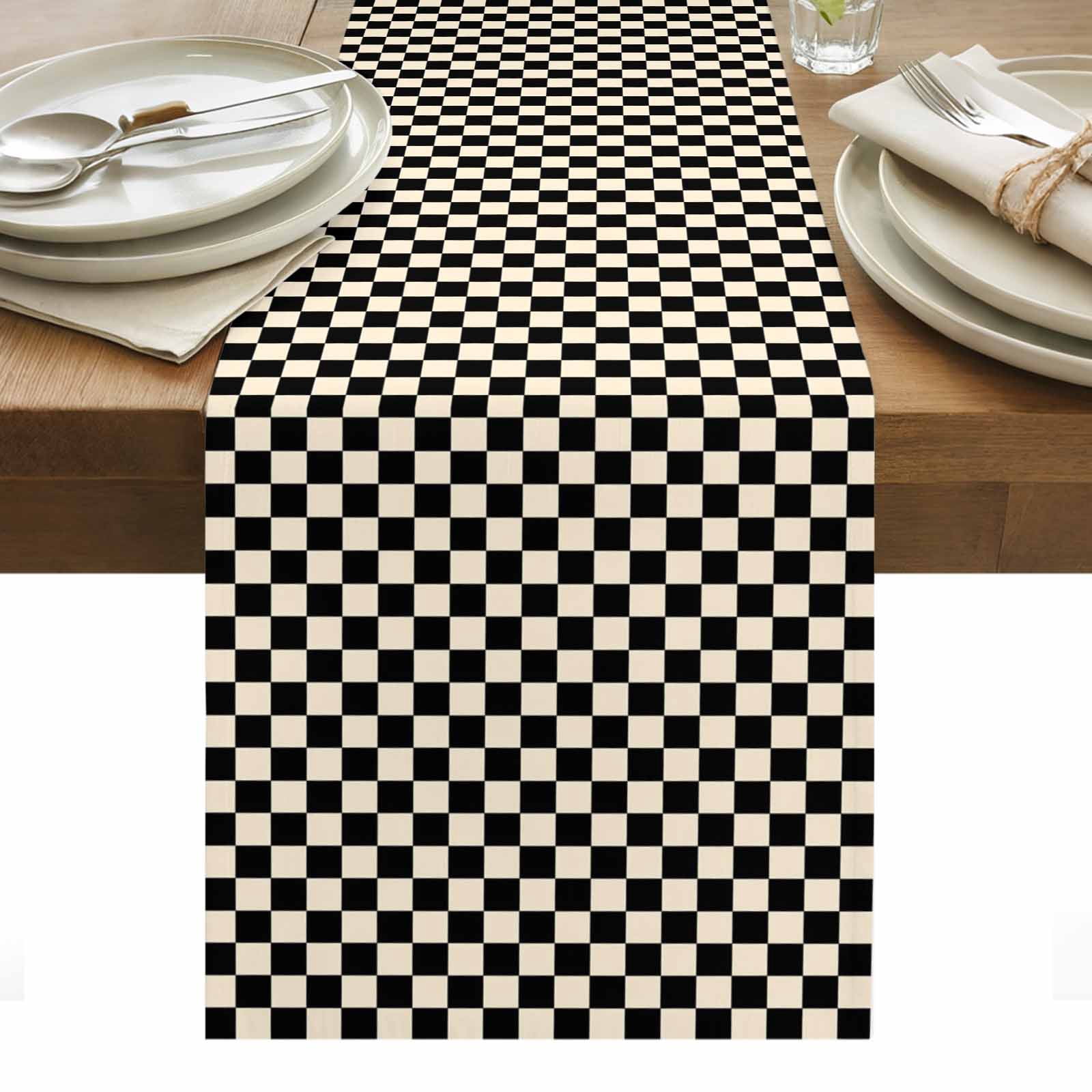 Black Beige Checkered Cotton Linen Table Runner Abstract Minimalist ...