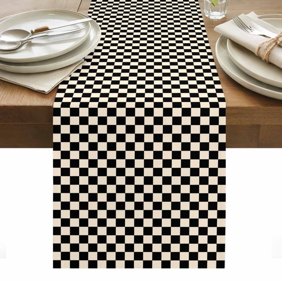 Black Beige Checkered Cotton Linen Table Runner Abstract Minimalist ...