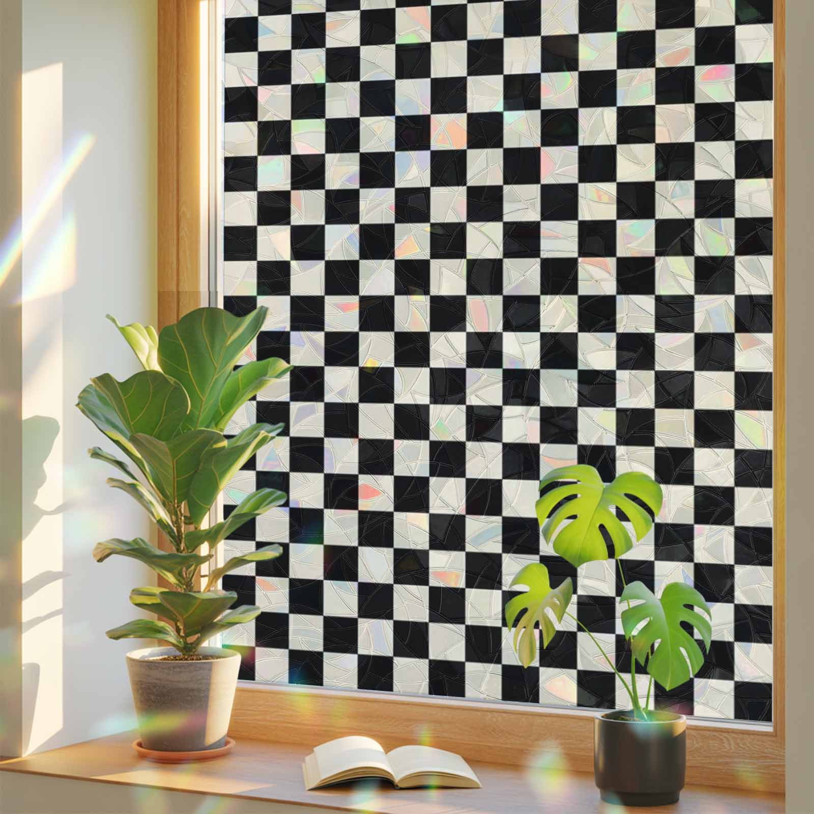 Black Beige Checkered Window Privacy Film, Abstract Minimalist Plaid ...