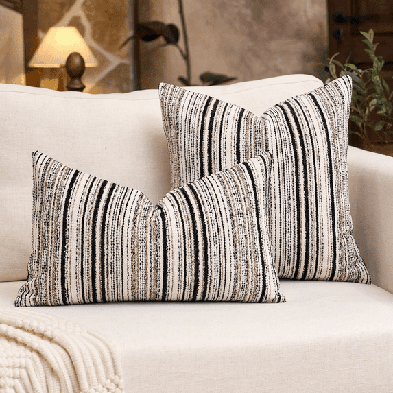 Black-Beige Chenille Striped Decorative Throw Pillow Cover, Boucle ...