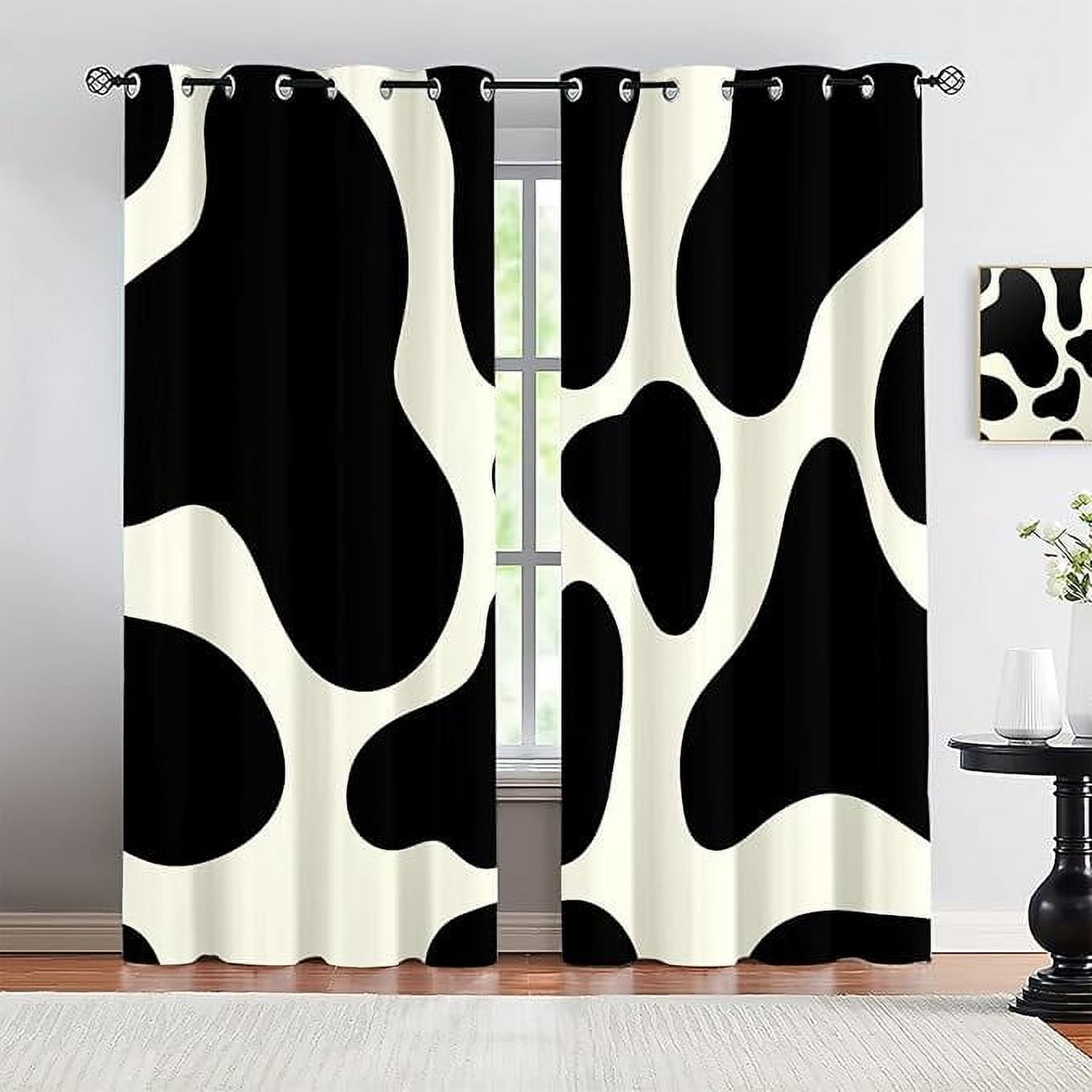 Black Beige Cow Print Blackout Curtains, Abstract Black Geometric Color Blocks Window Curtain ...