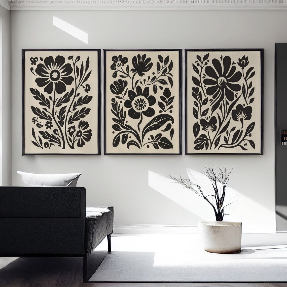 Black Beige Floral Abstract Wall Art Set 3 Stretched Canvas 12x18 ...
