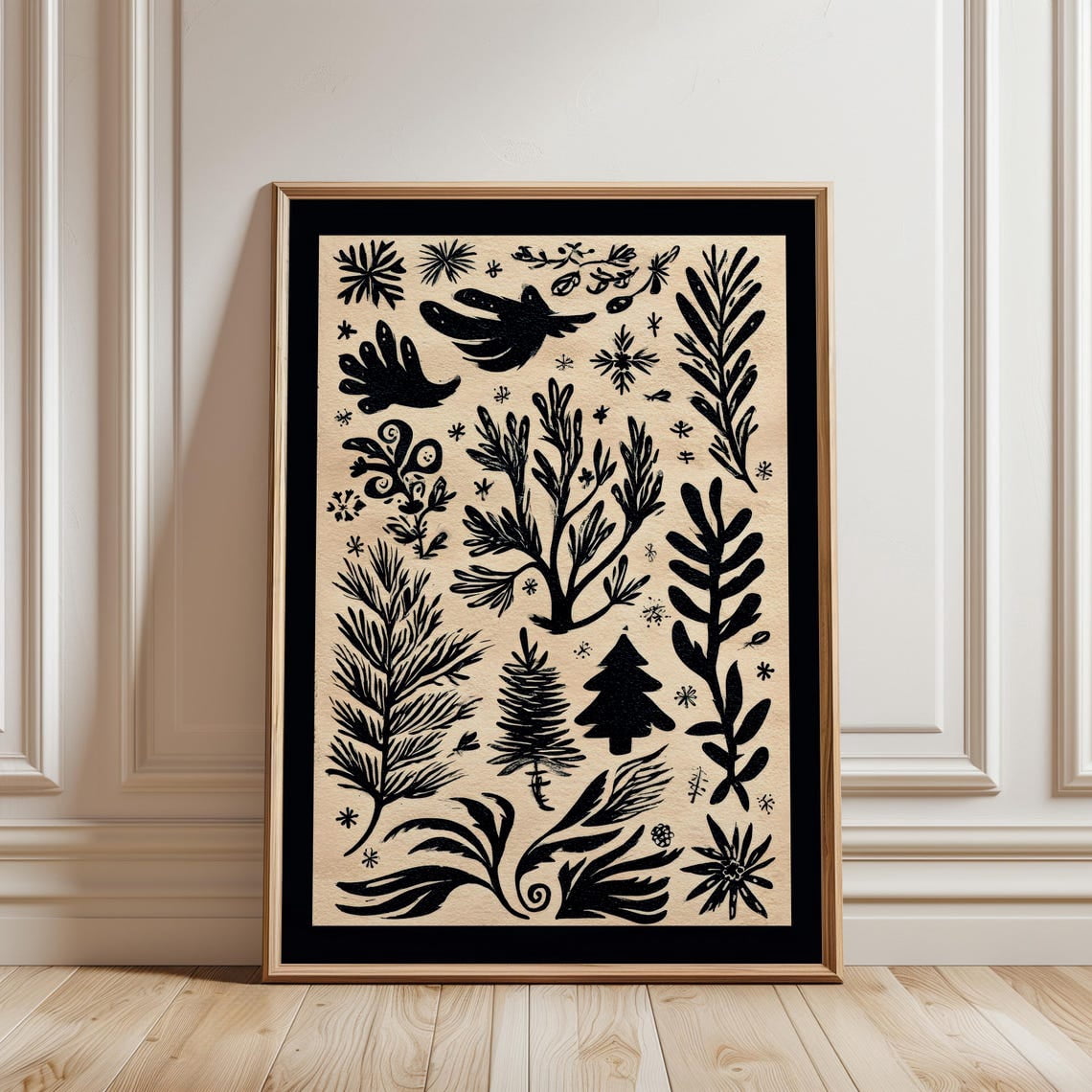 Black Beige Floral Boho Matisse Style Botanical Modern Wall Art ...
