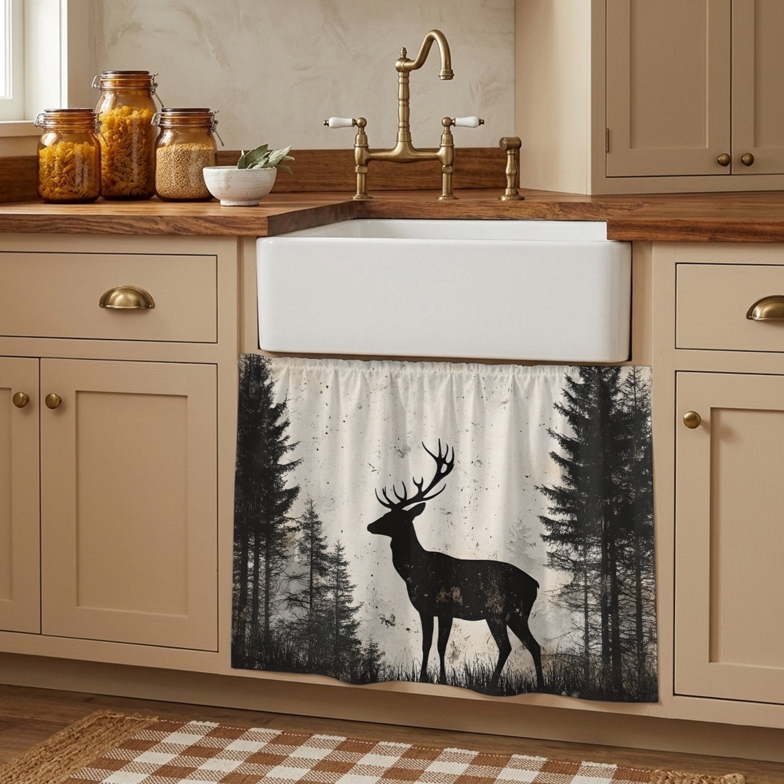 Black Beige Forest Elk Cabinet Curtains 27.6"W x 35.4"L, Rustic Country ...